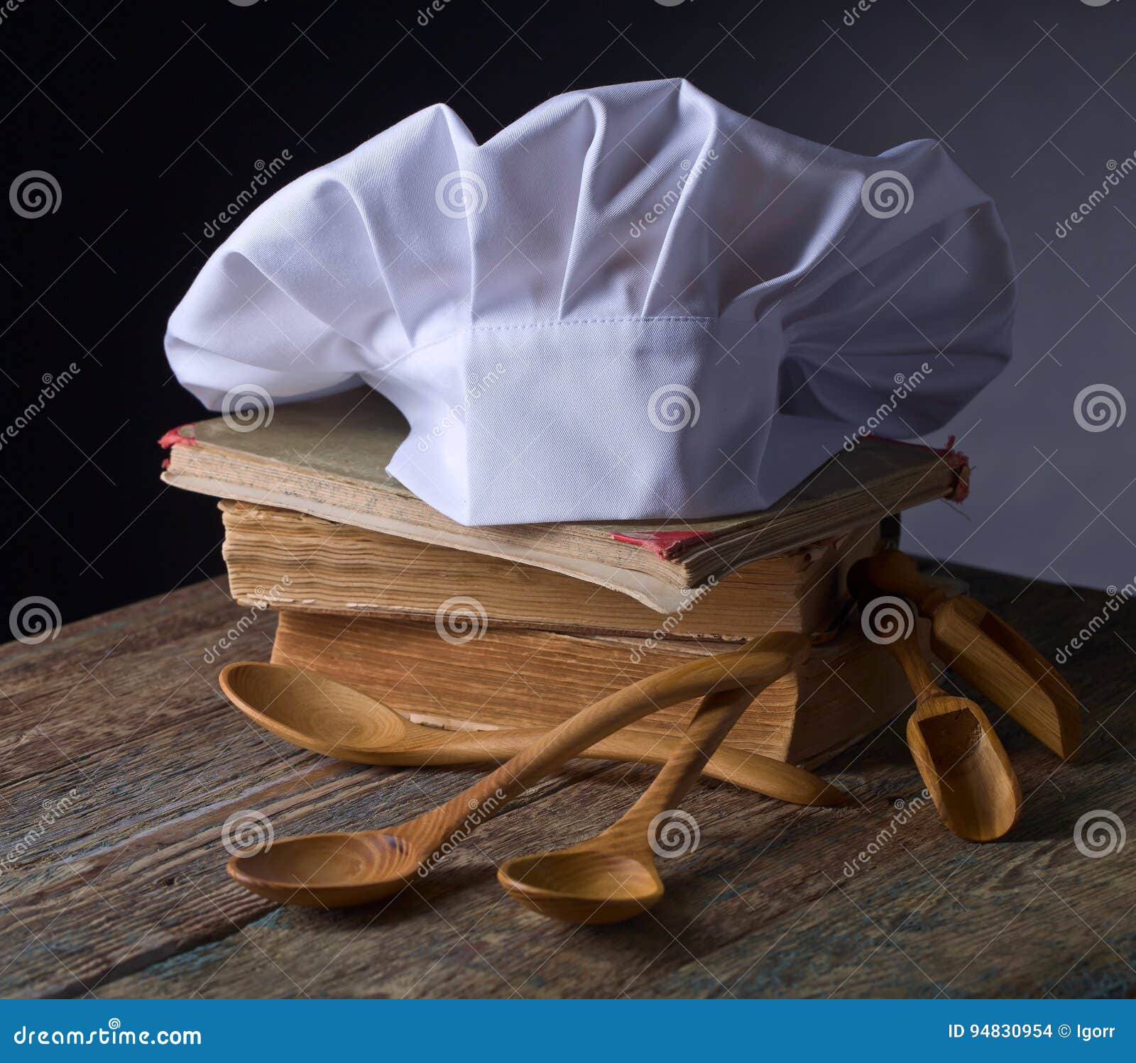 Old Culinary Books , Chef Hat and Wooden Spoons . Stock Photo - Image ...