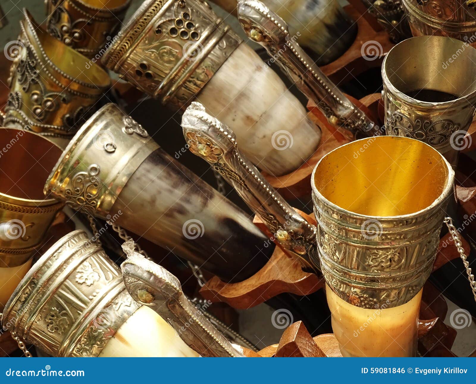 Expensive, Old And Curved Drinking Horns On The Flea Market, Geogria ...