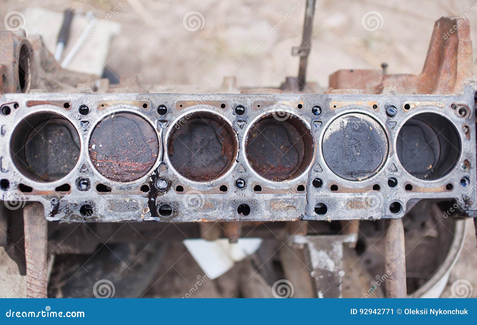 Old 6-cylinder Engine with Rusty Pistons Stock Image - Image of block ...