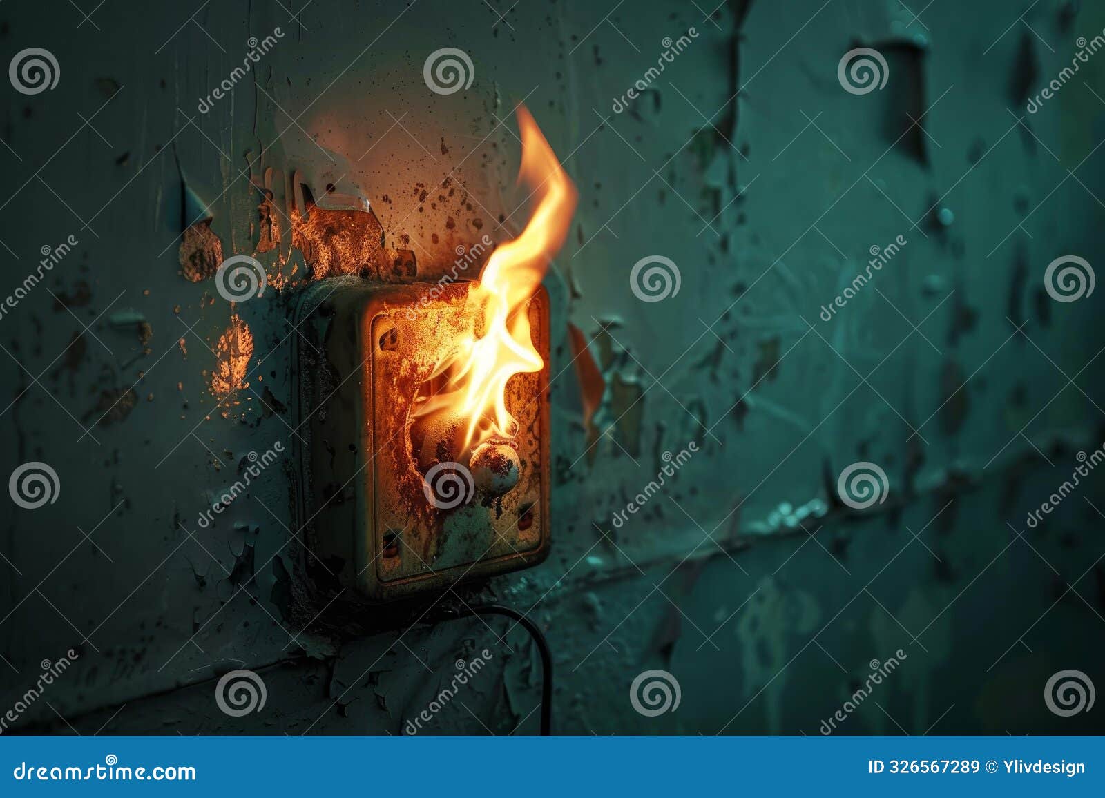 Old Electrical Outlet Catching Fire on Turquoise Wall Stock Image ...