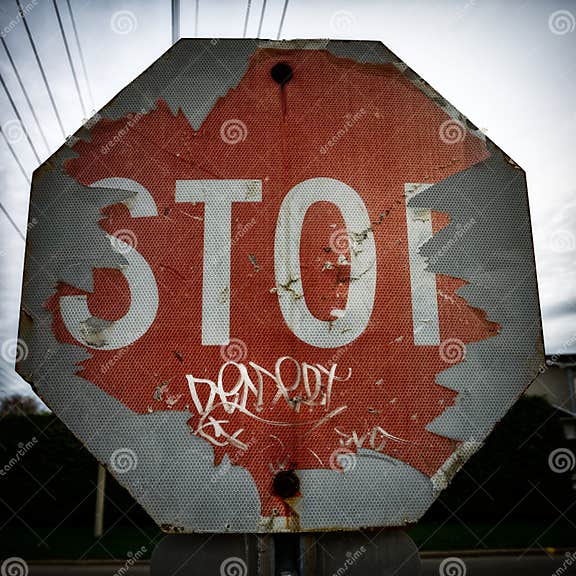Old Damaged and Peeling Stop Sign Stock Photo - Image of graffiti ...