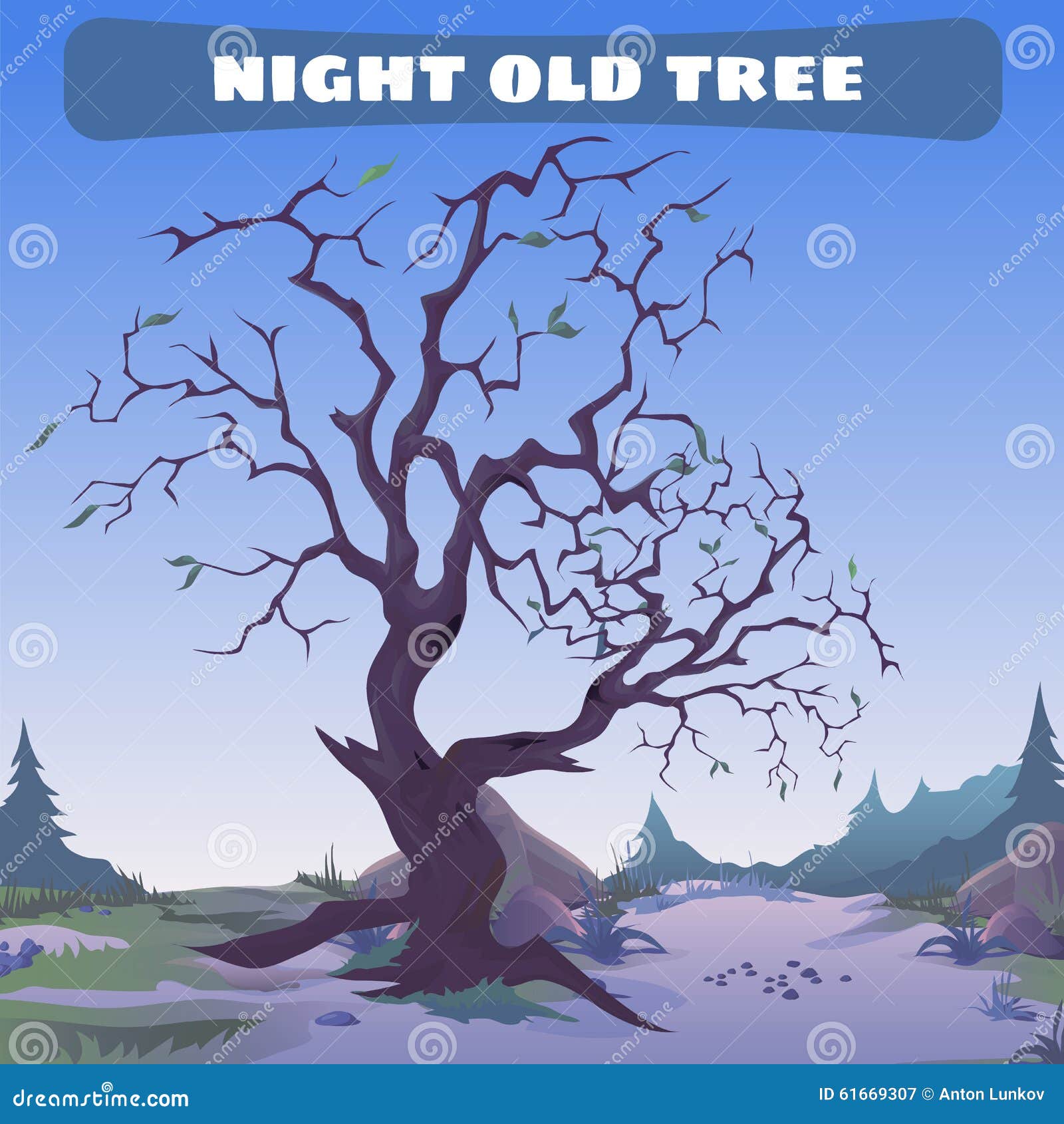 Old dead tree at night stock vector. Illustration of night - 61669307