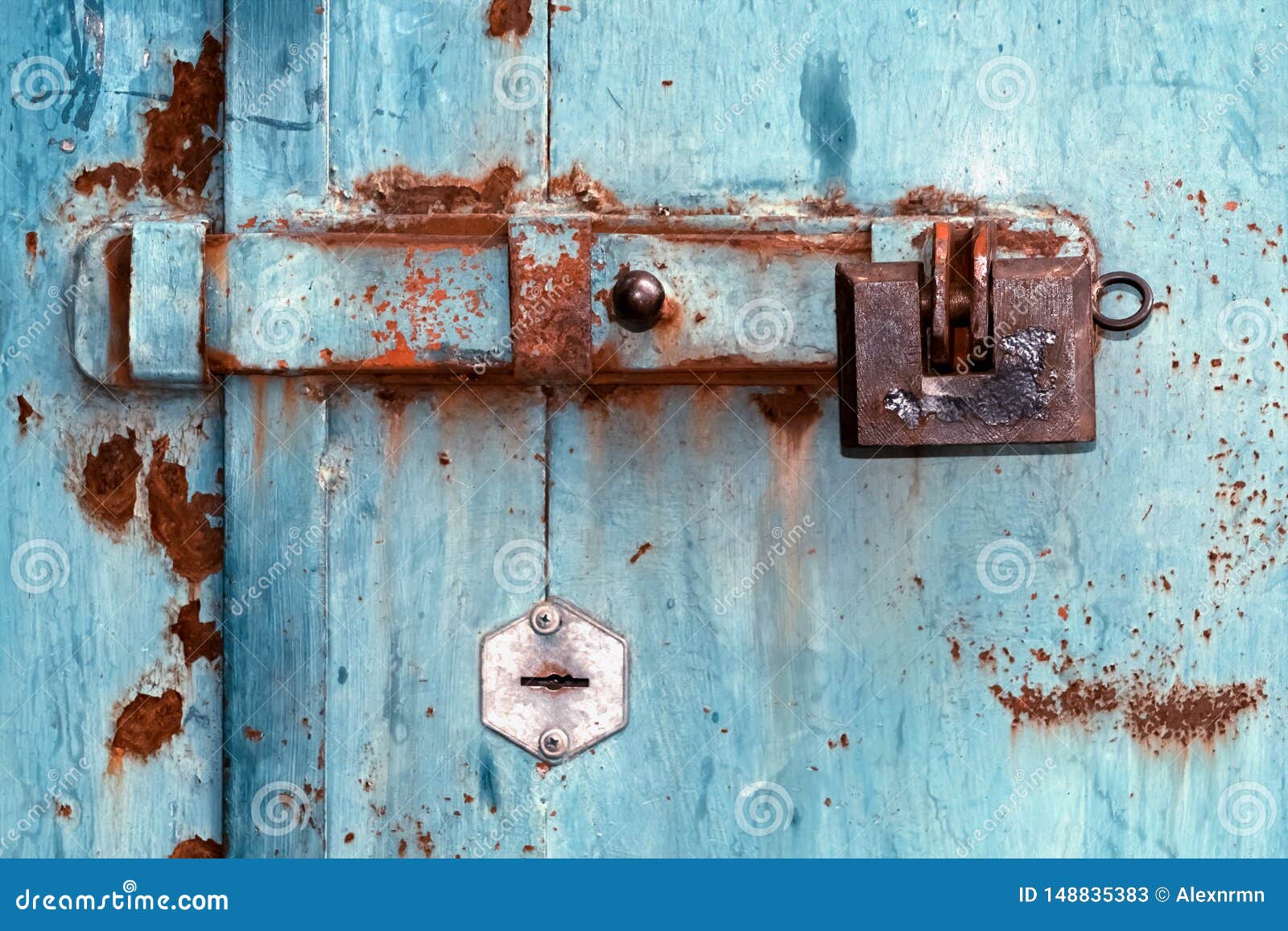 Old Deadbolt with Lock on the Iron Gate. Stock Image - Image of blue ...