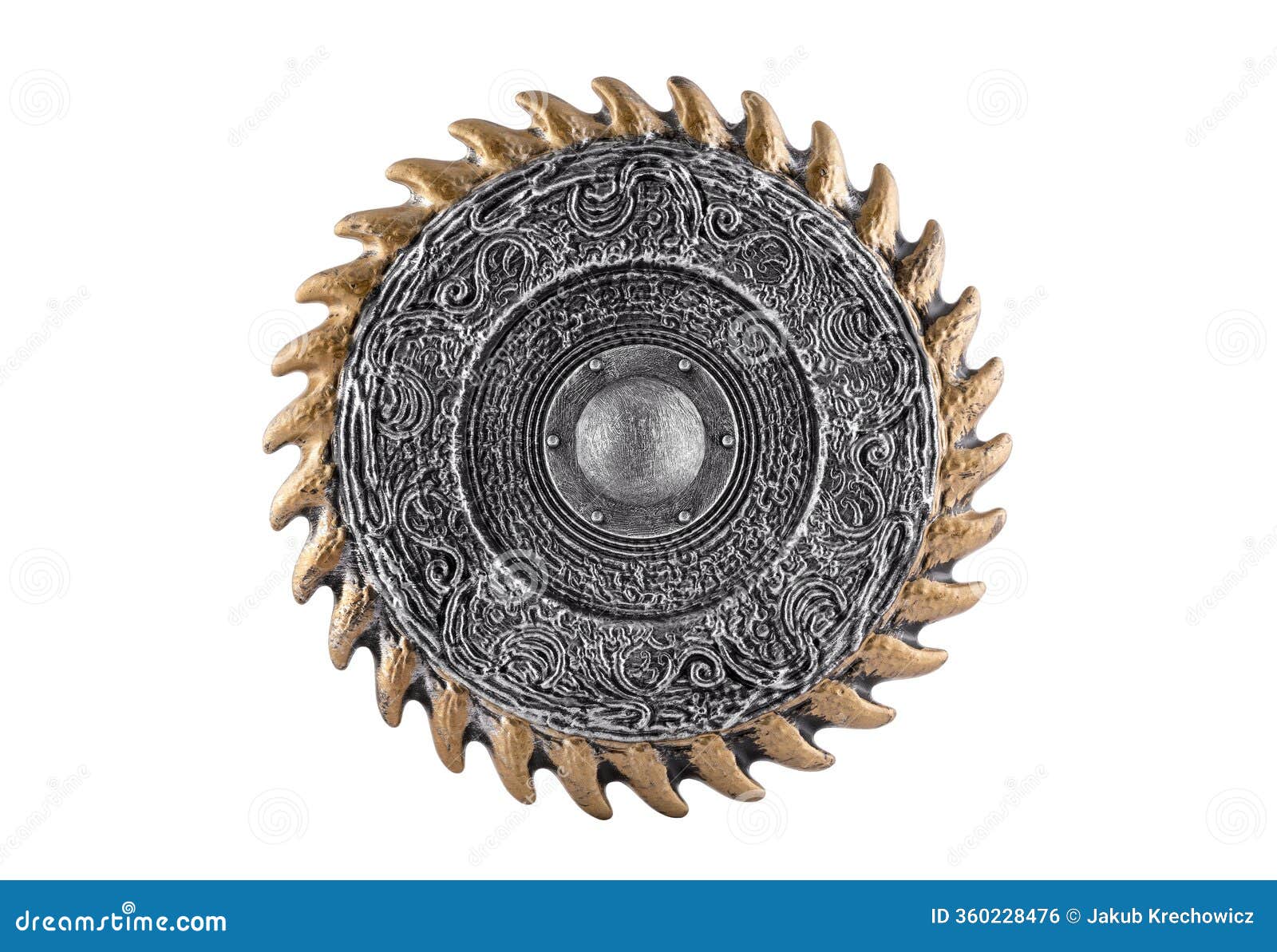 Old Decorated Metal Round Bladed Shield Isolated on White Background ...