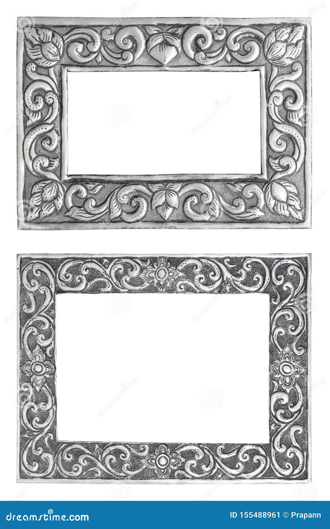 Two Old Decorative Silver Frame - Handmade, Engraved - Isolated on ...