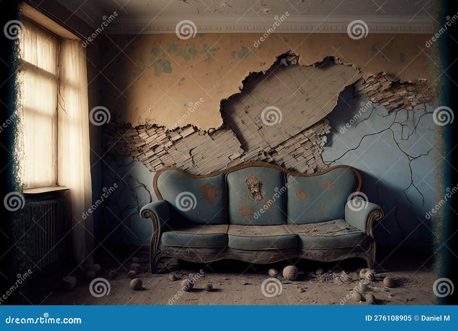 Old Decrepit Room With Dusty Blue Sofa And Broken Wall. Royalty-Free ...