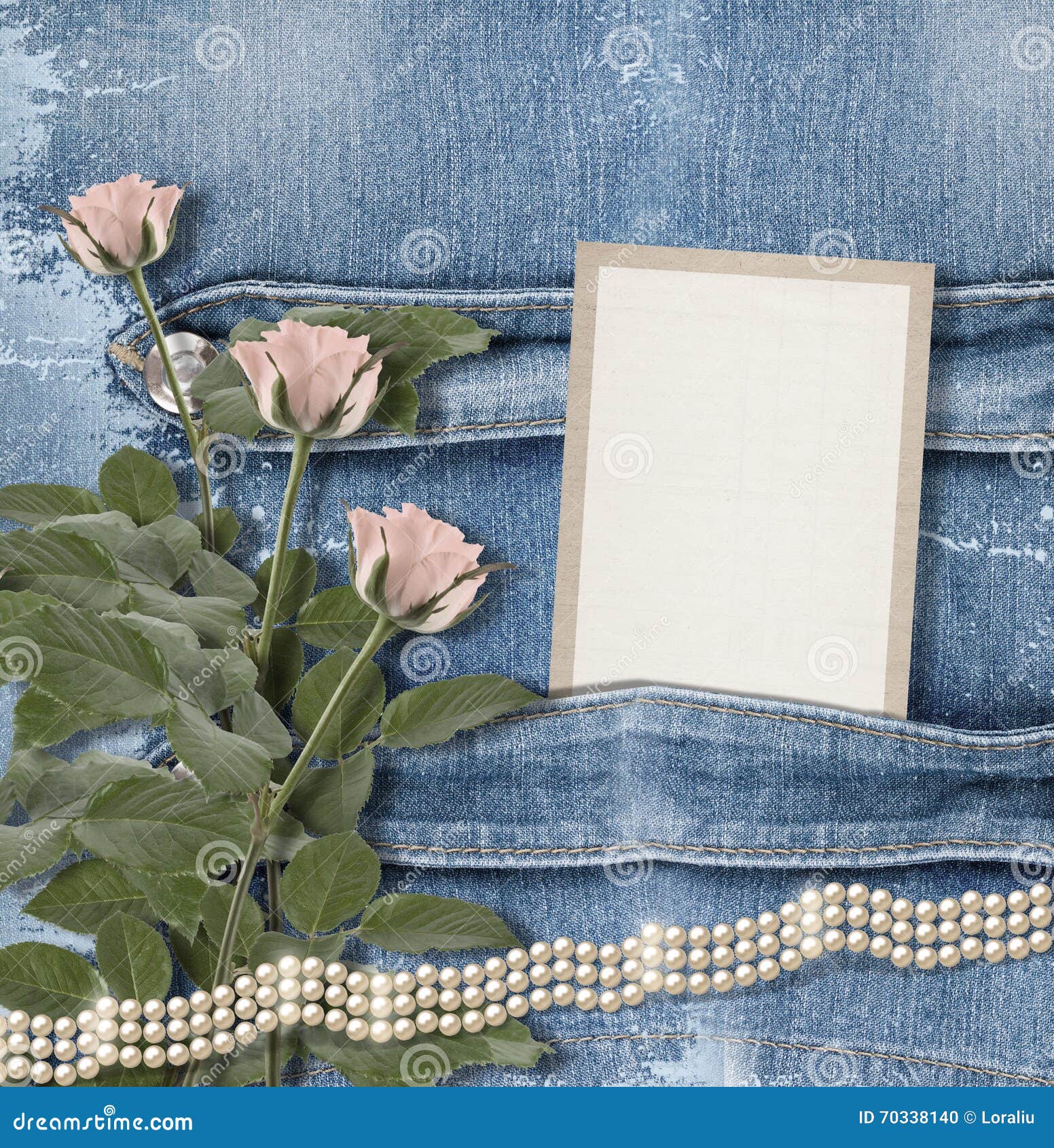 Old Denim Background with Paper Frame, Pearls Stock Photo - Image of ...