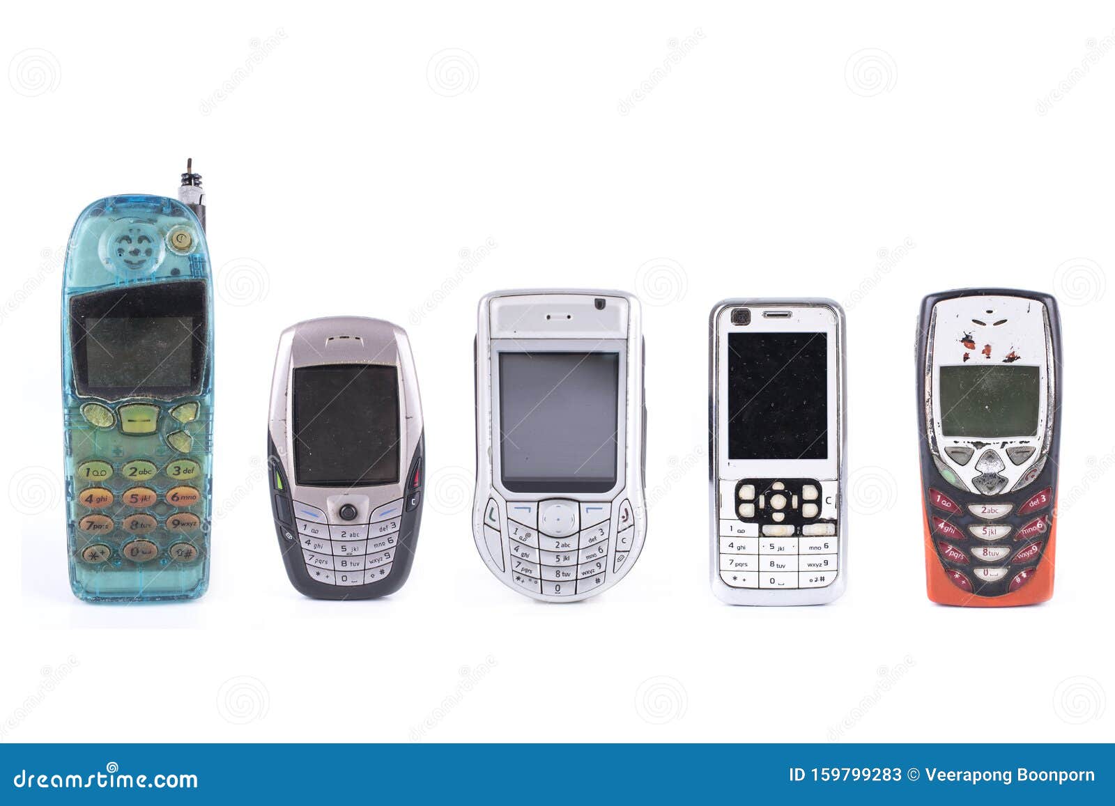 Old Design Collection of Cell Phones Isolated on White Background Stock ...