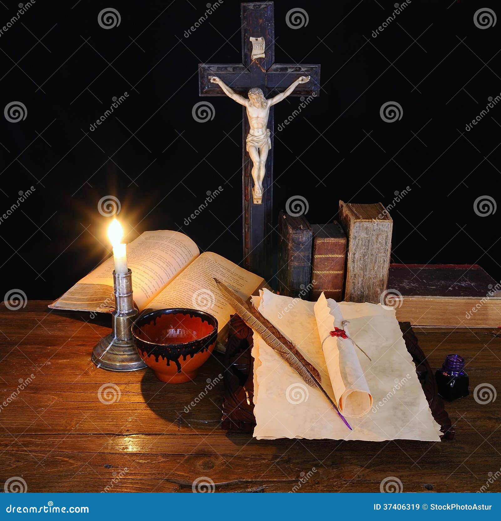 An old desk of a monk. stock image. Image of desk, evangelical - 37406319