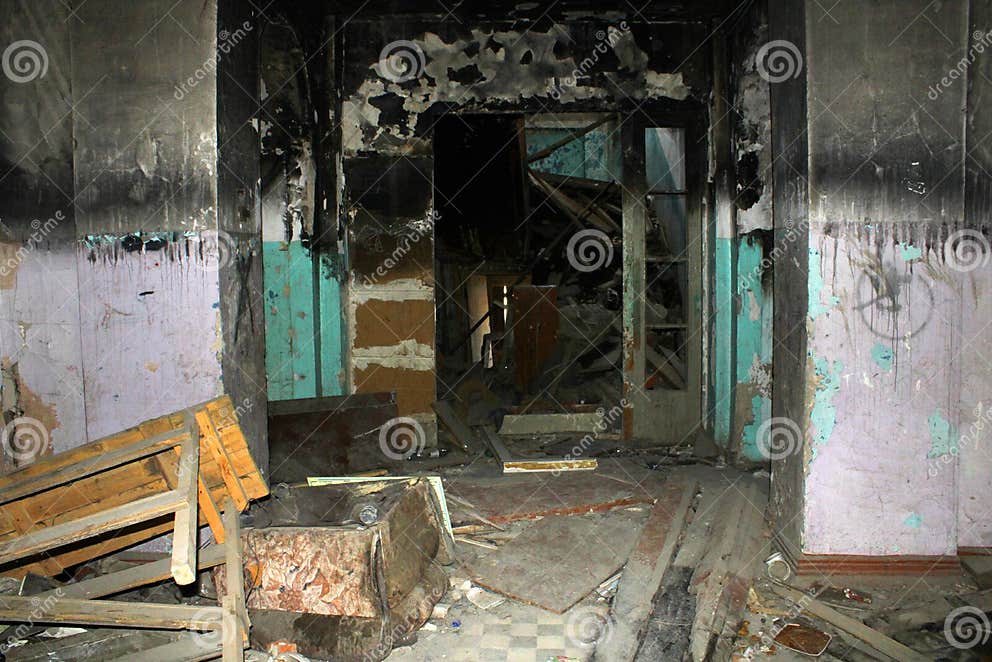 An Old Destroyed and Charred Building from the Inside with the Remains ...