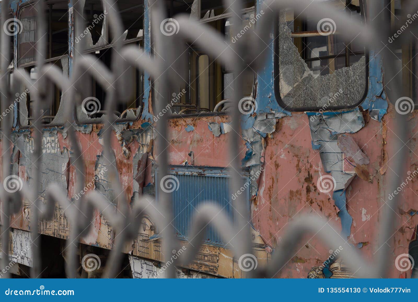 Old destroyed tram. stock photo. Image of glass, equipment - 135554130