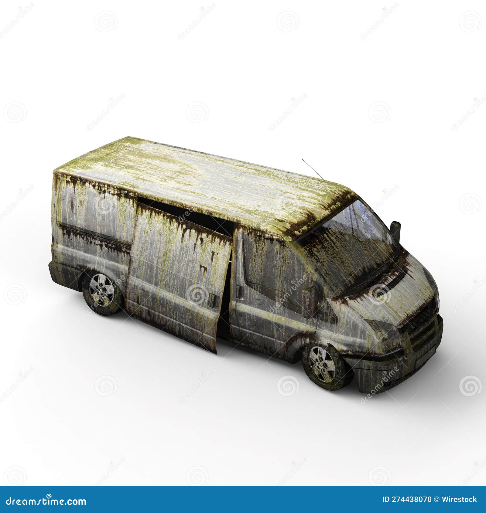 Old Destroyed Van with Broken Doors on a White Background, 3D Rendered ...