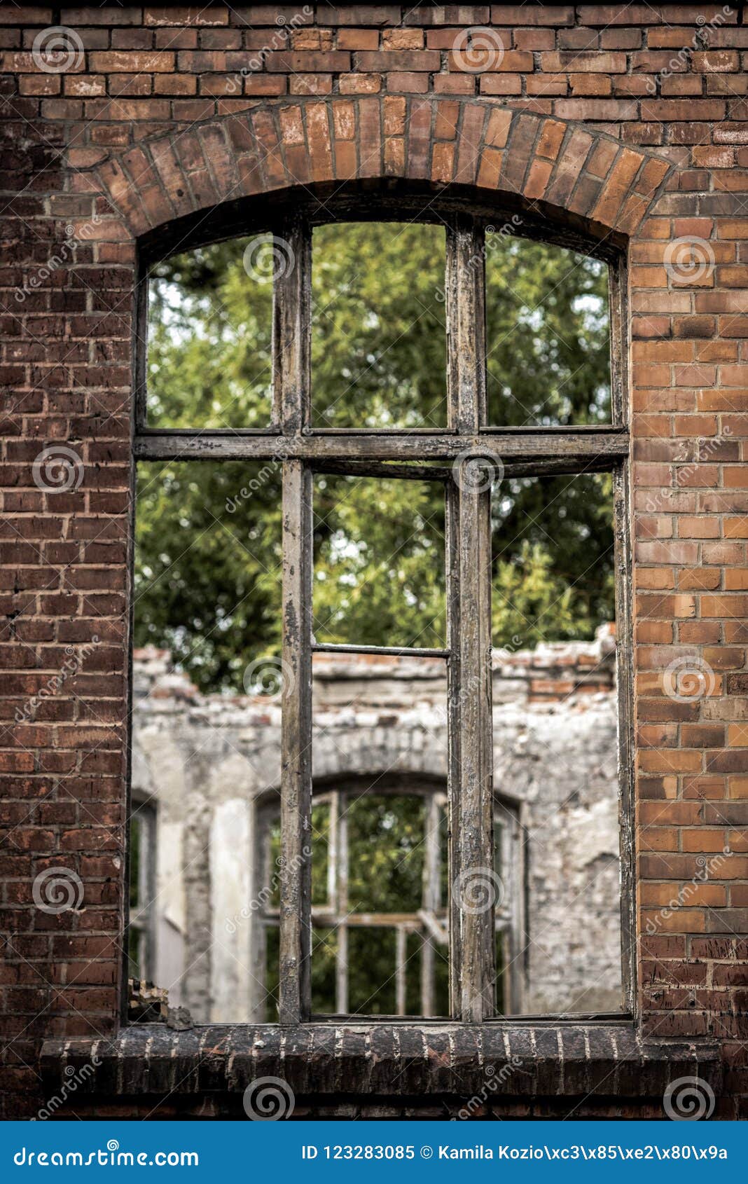 Old Destroyed Window with Broken Windows in a Brick Wall. Stock Image ...