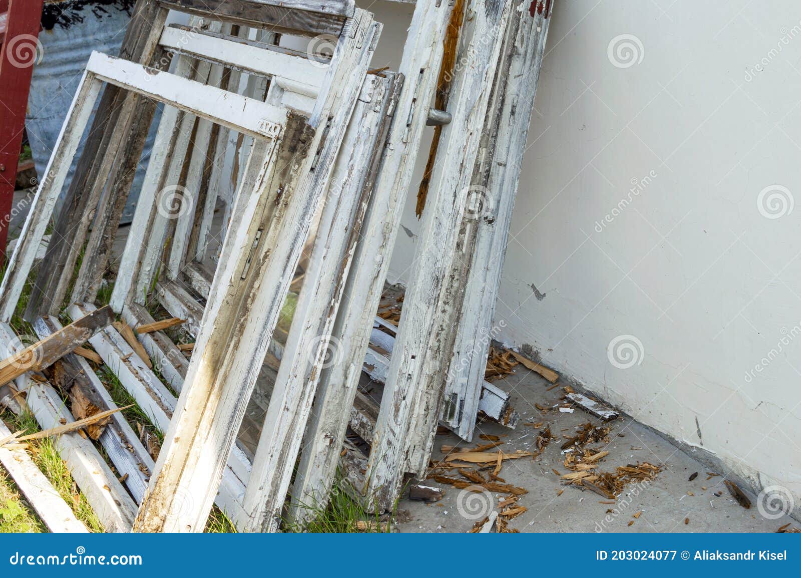 Old Destroyed Window Frames after Dismantling Stand Outdoors Stock ...