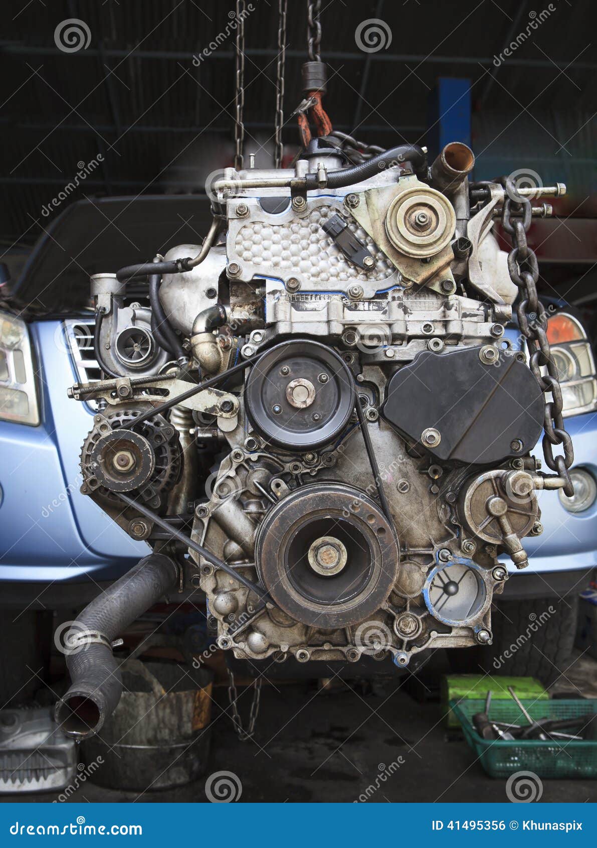 Old Diesel Engine of Light Truck Maintenance in Garage Service Stock ...