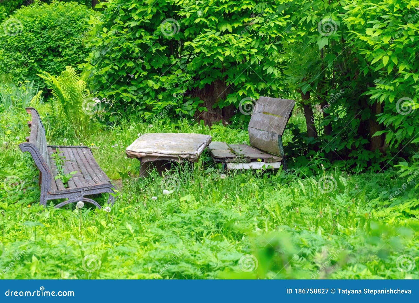 Old and Dilapidated Benches and Table in an Abandoned Park Stock Image ...