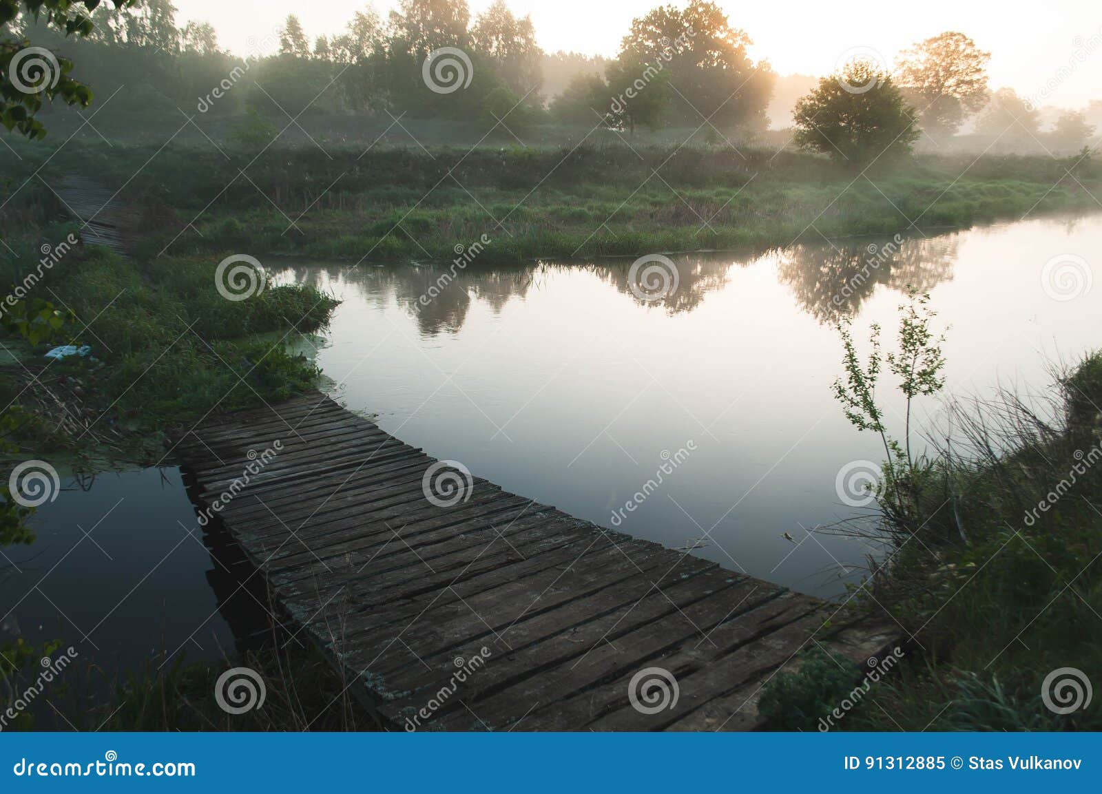 Old Dilapidated Bridge Over a River at Dawn, Stock Image - Image of ...