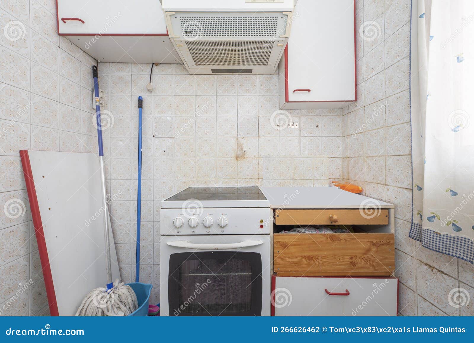 Old Dilapidated Kitchen Front with Old Tiles Stock Photo - Image of ...
