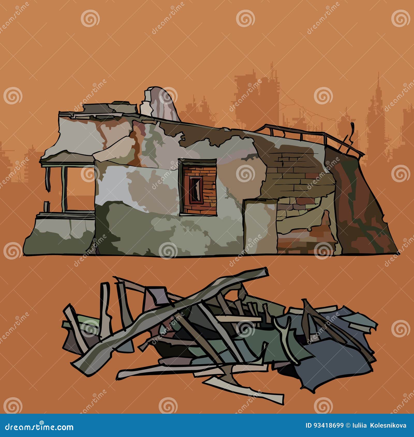 Old Dilapidated Remnant Of A Brick Building With Debris Cartoon Vector ...