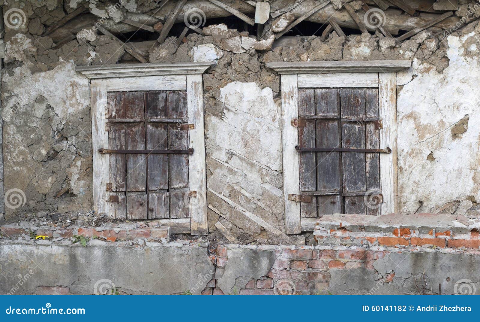 Old Dilapidated Wall with Two Shuttered Windows Stock Photo - Image of ...