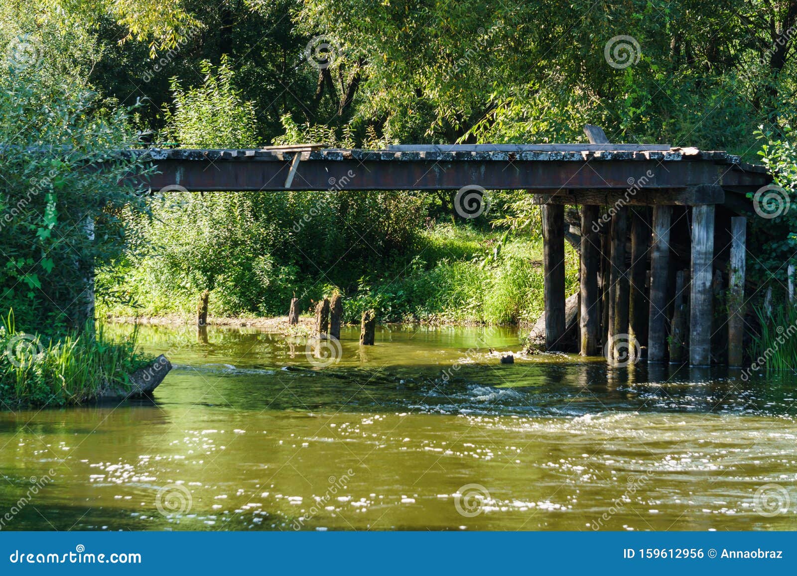 Old Dilapidated Wooden Bridge Over the River. Stock Photo - Image of ...