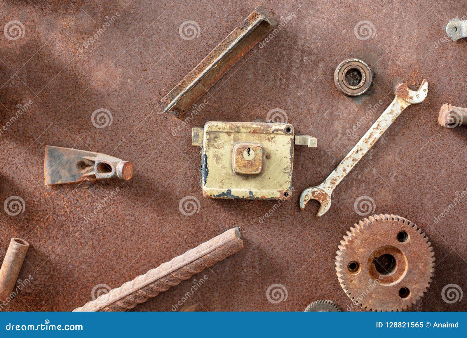 Old, Dirty Tools Against Rusty Metallic Surface Tool Series. Stock ...