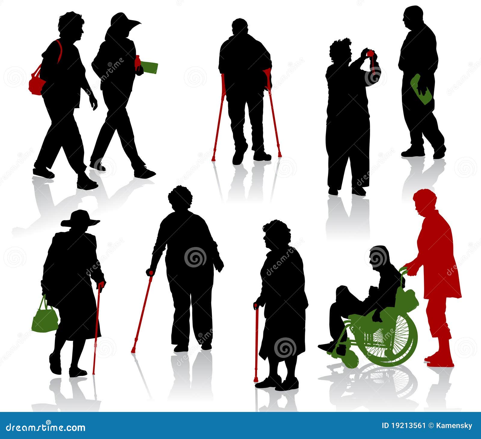 Disabled People On Crutches Or With Prosthesis In Different Poses And ...