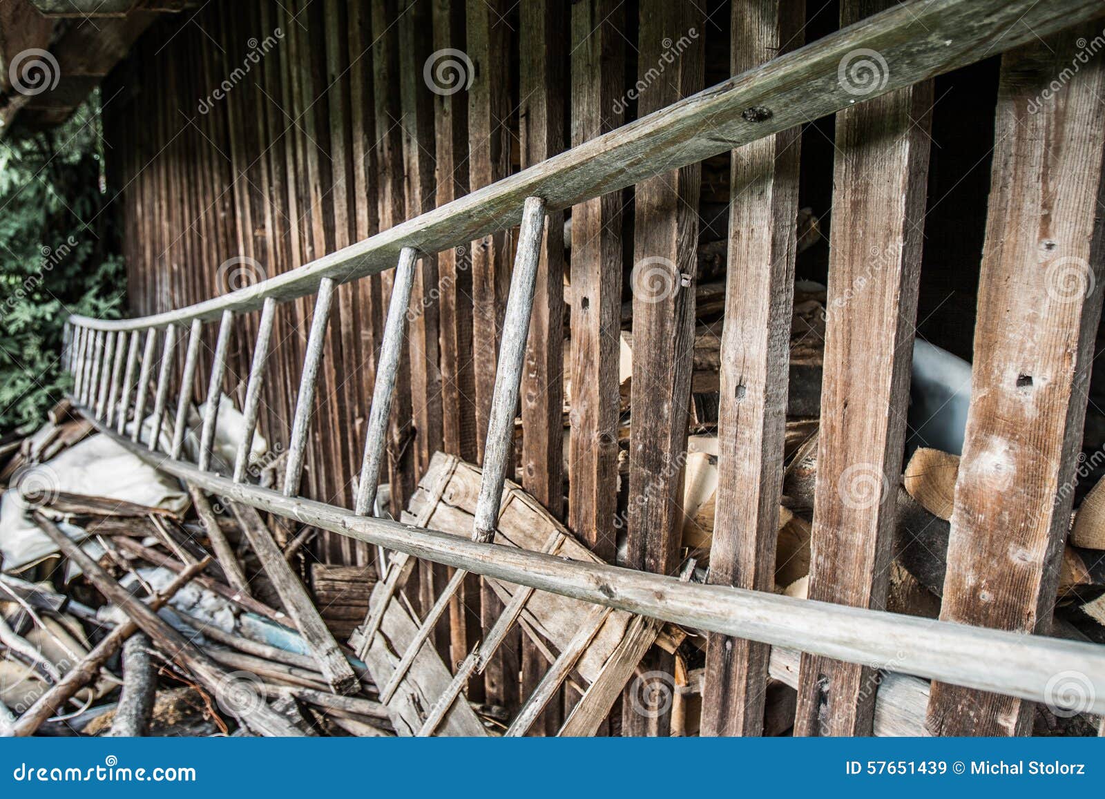 Old Distorted Wooden Ladder Stock Image - Image of leaning, junk: 57651439