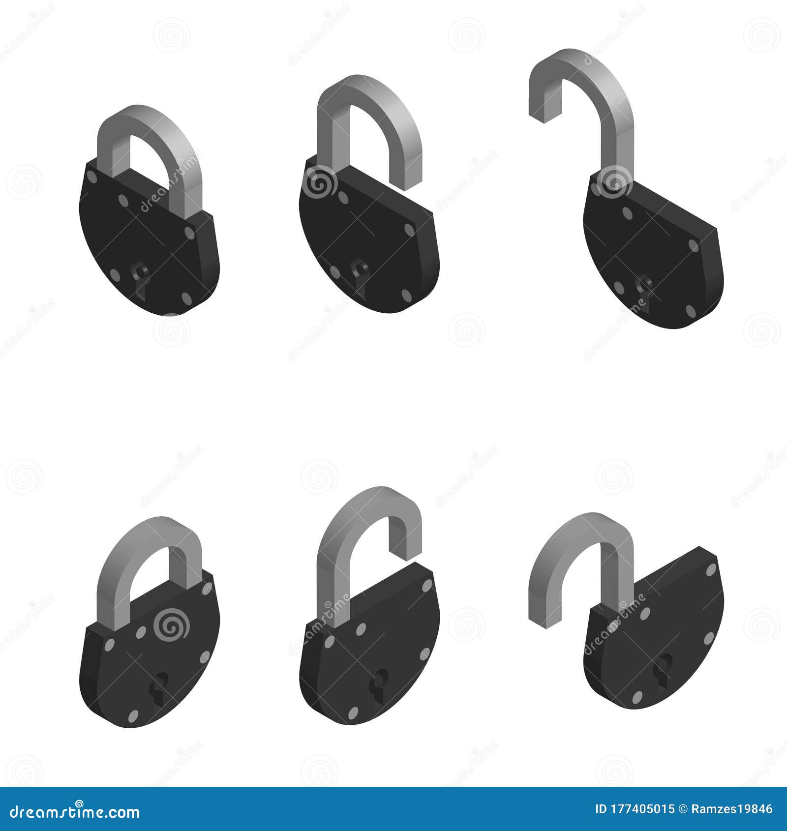 Old Door Locks in Open and Closed Position in Isometric on a White ...