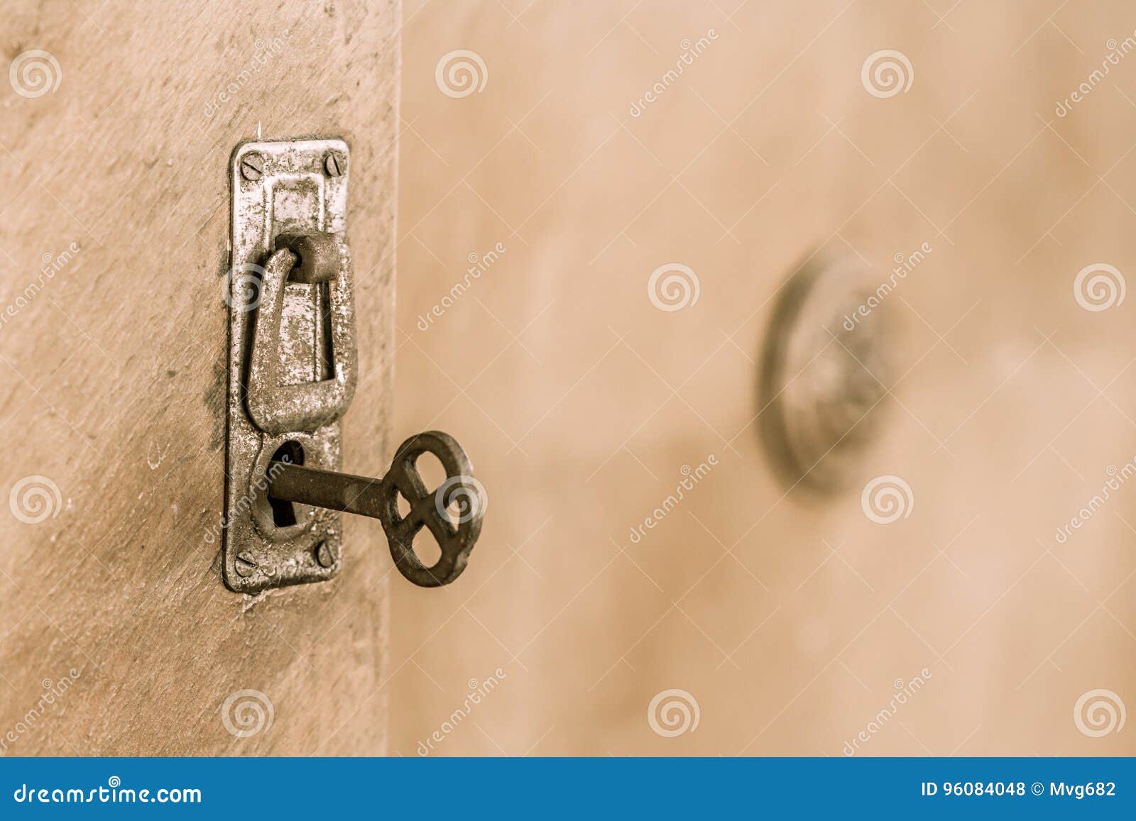 Old Door with Old Lock. Selective Focus on Key Stock Photo - Image of ...