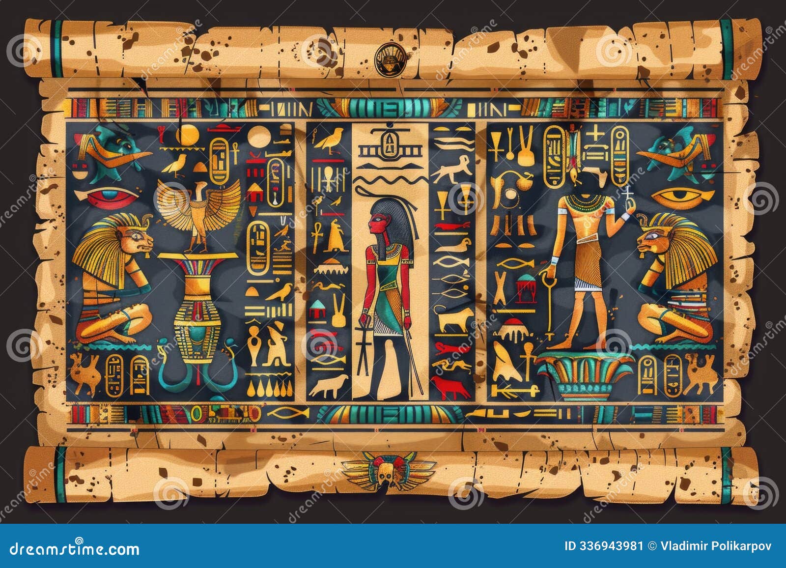 An Old Egyptian Scroll Featuring Various Deities and Mythological ...