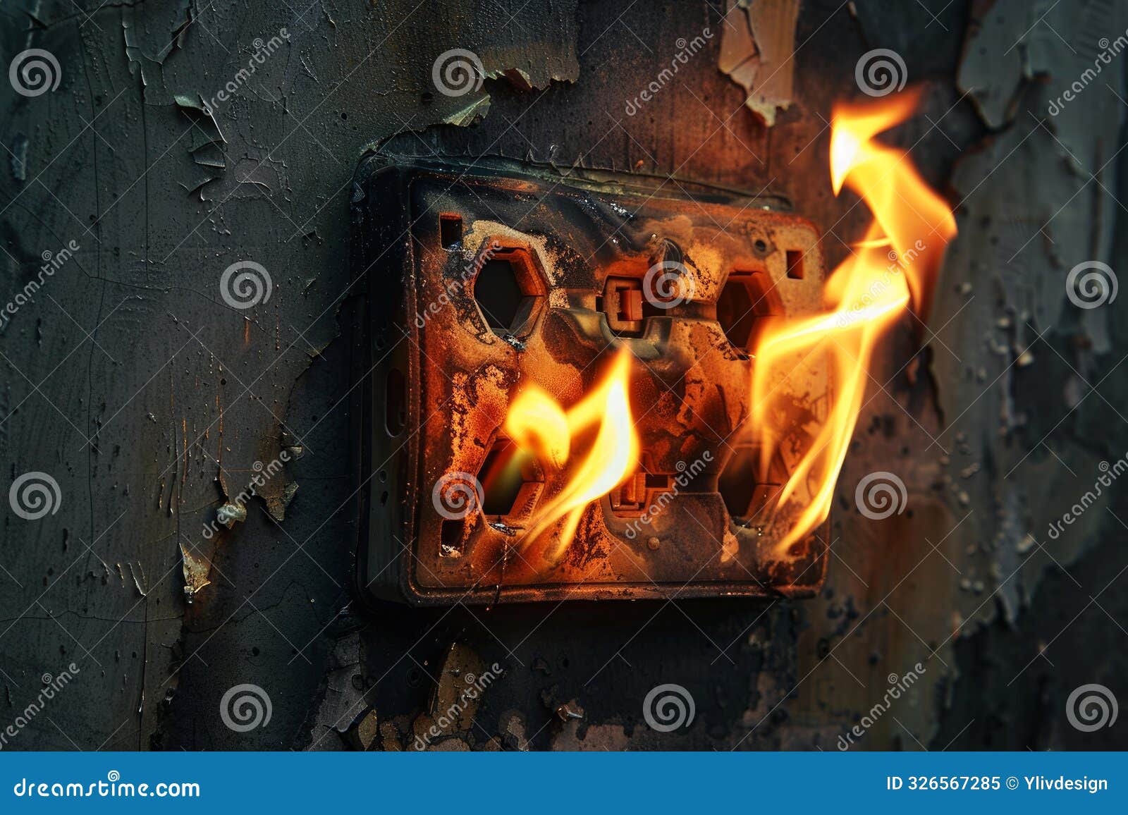 Old Electrical Outlet Burning on Damaged Wall Causing Fire Stock Image ...