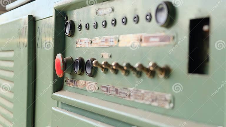 Old Electrical Panel in Abandoned Factory with Red Button and Shiny ...