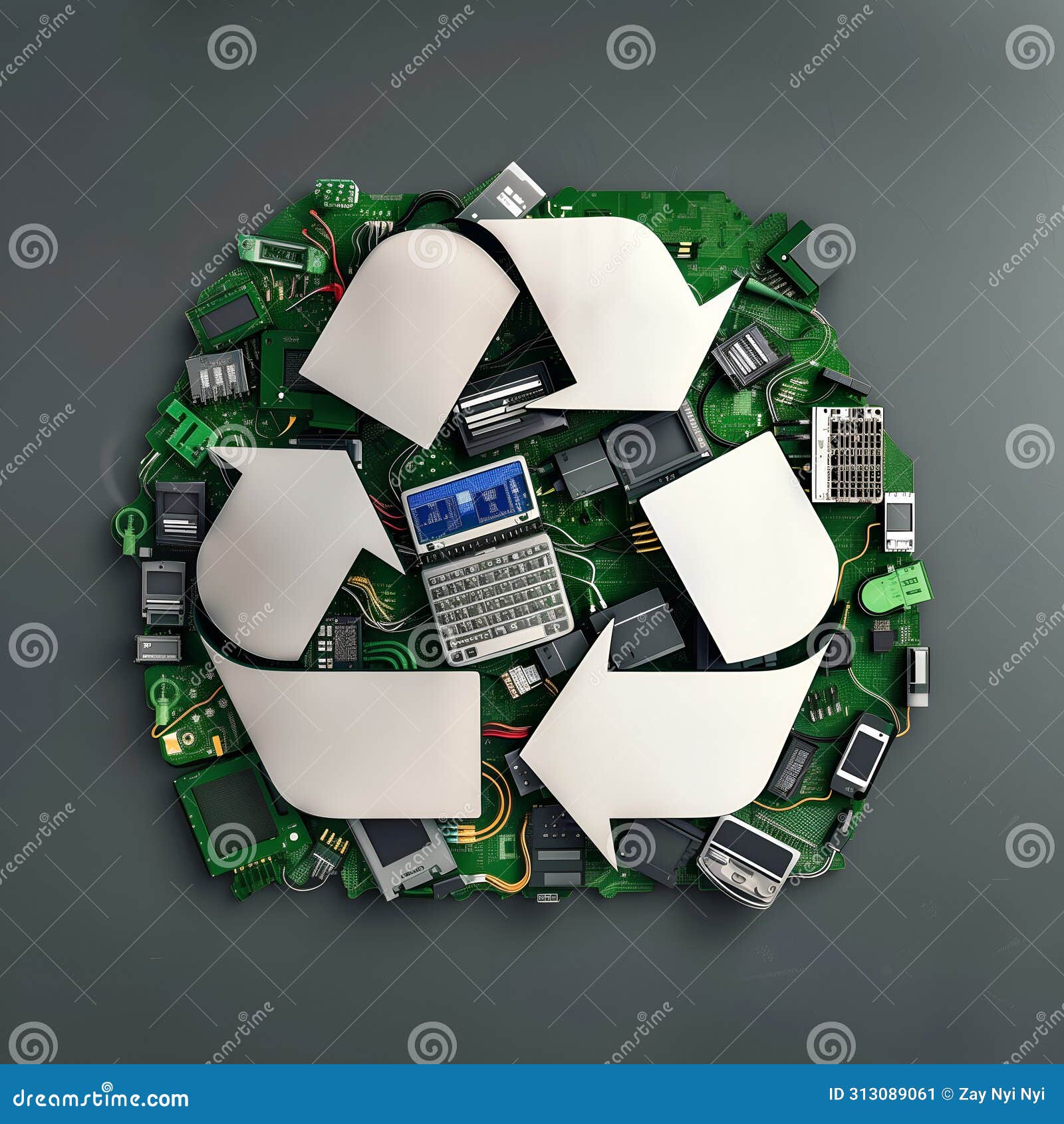 Old Electronic Devices and Recycle Logo, E Waste and Recycling Concept ...