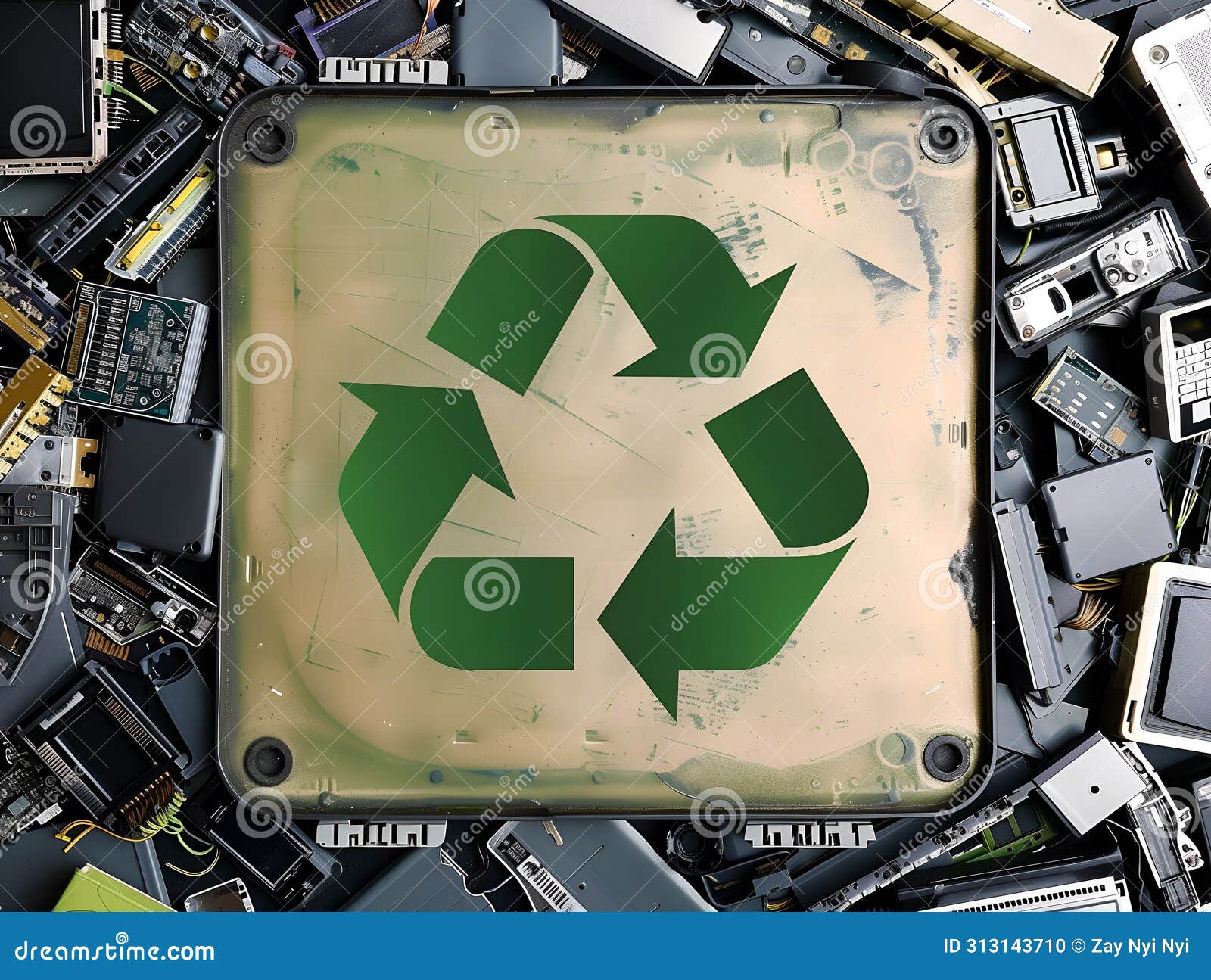 Old Electronic Devices and Recycle Logo, E Waste and Recycling Concept ...