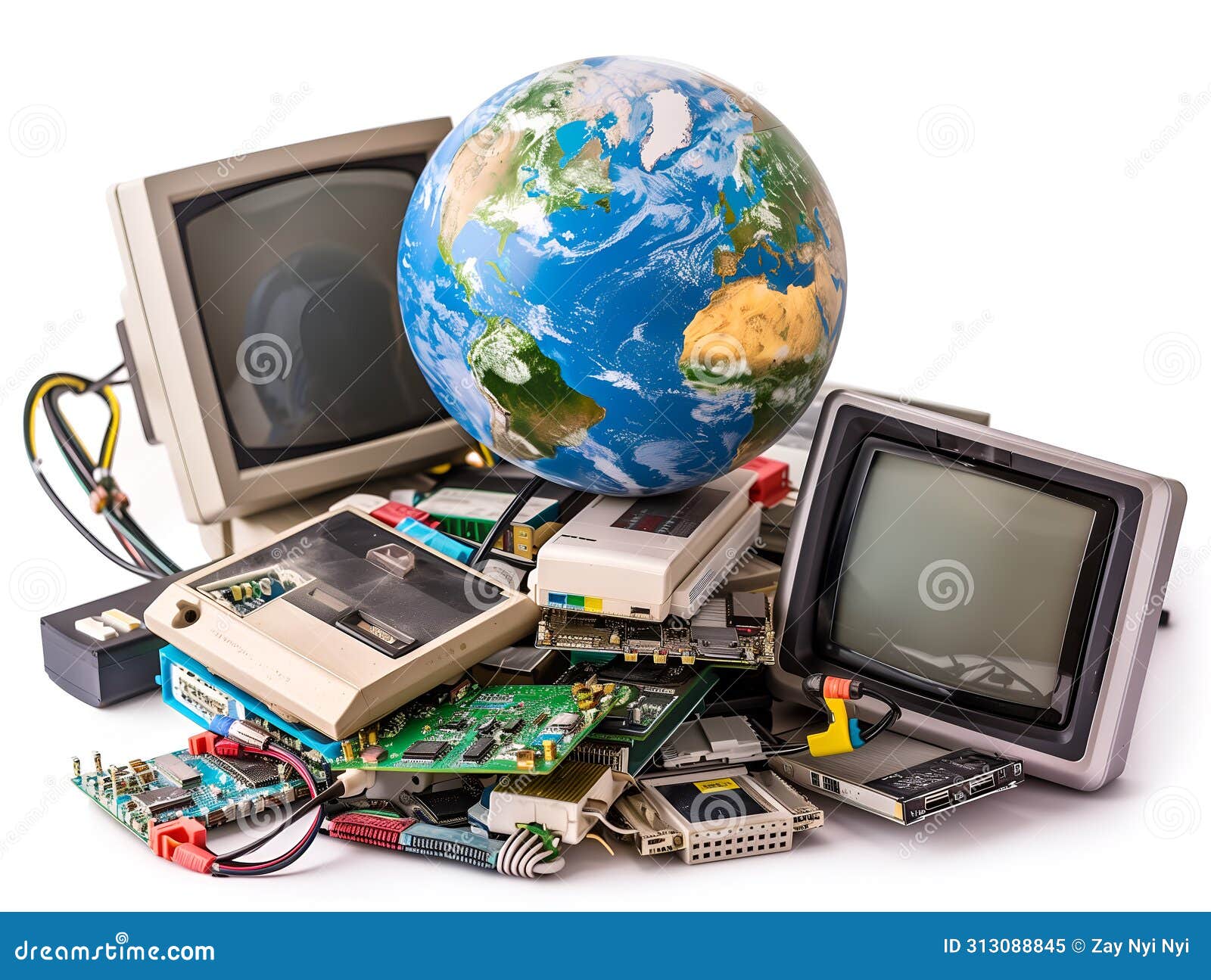 Old Electronic Devices on the World Globe. E Waste and Recycling ...