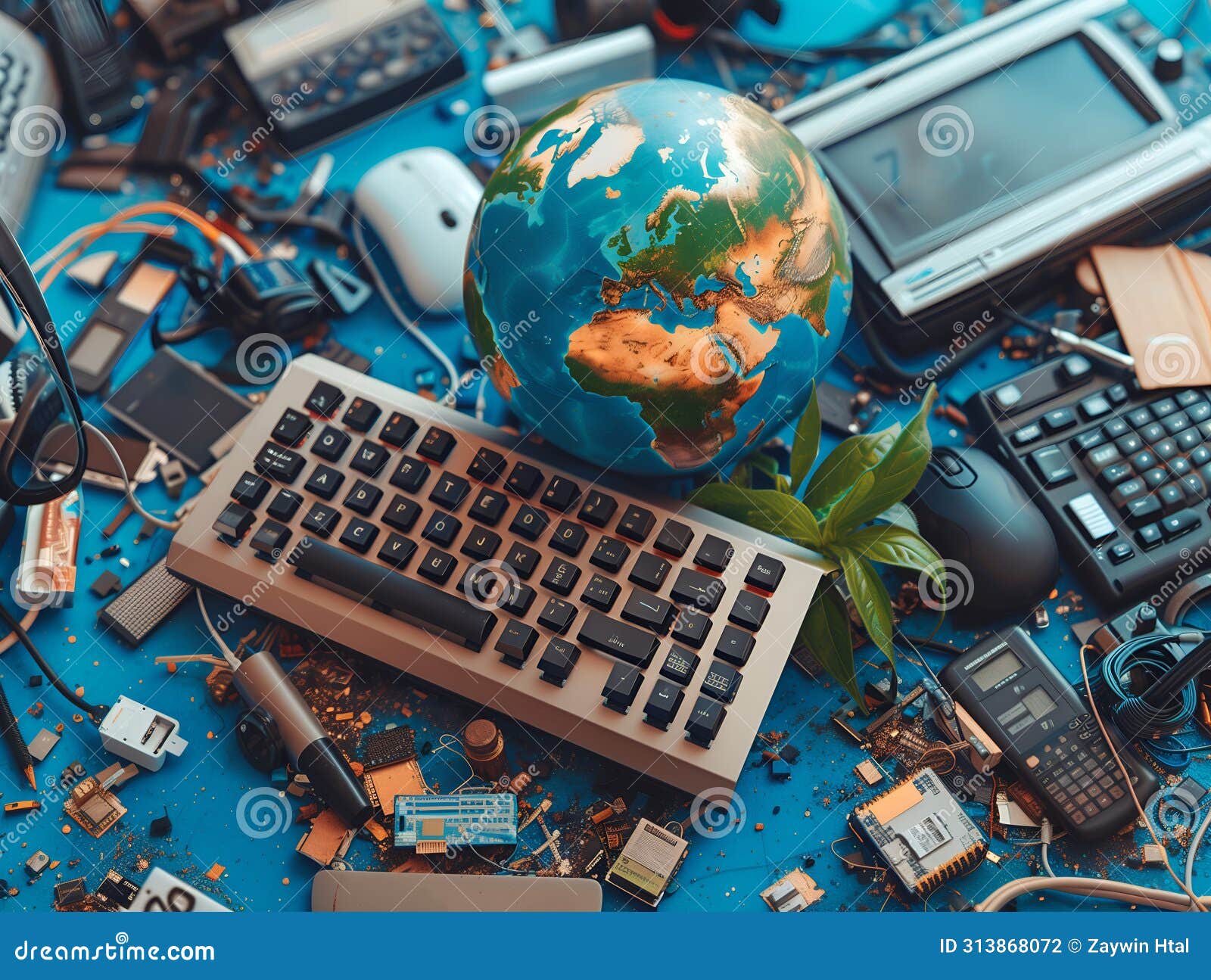 Old Electronic Devices on the World Globe. E Waste and Recycling ...