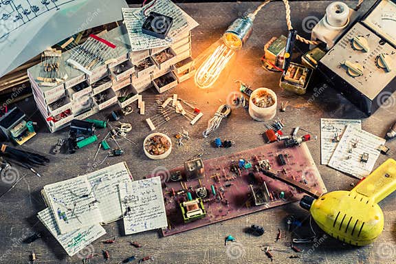 Old Electronics Workplace in Laboratory Stock Photo - Image of plan ...