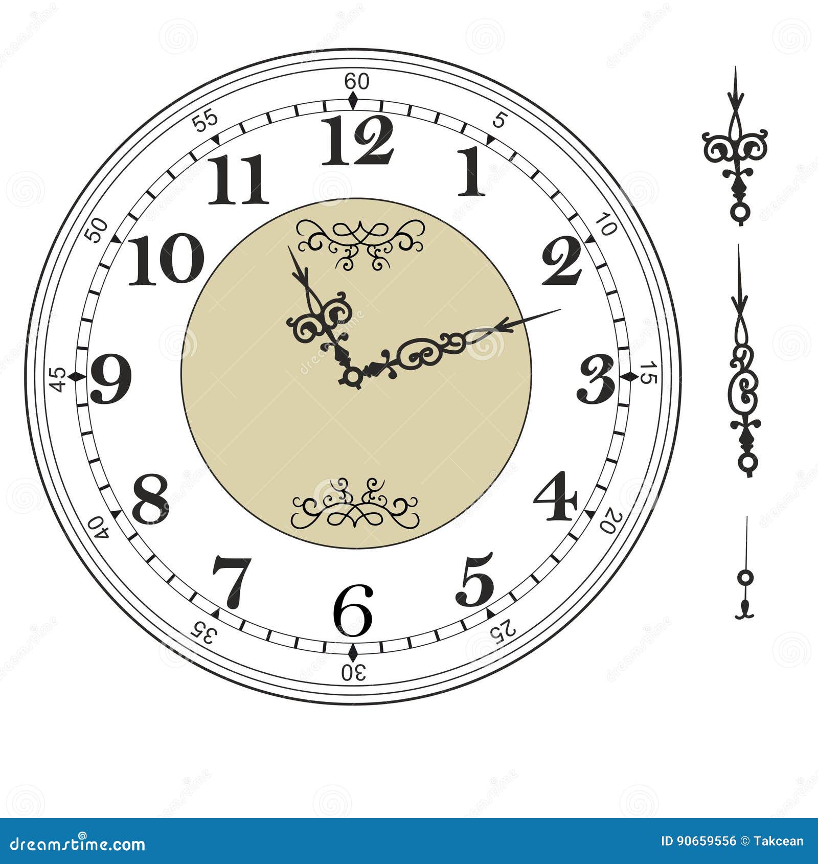 Old Elegant Clock Face Template with Numerals and Arrows. Stock Vector ...