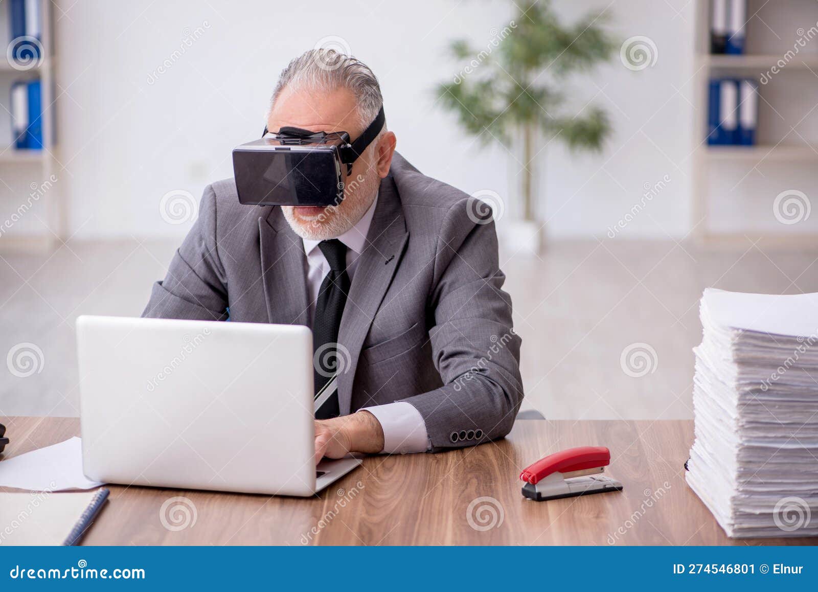 Old Male Employee Enjoying Virtual Glasses at Workplace Stock Image ...