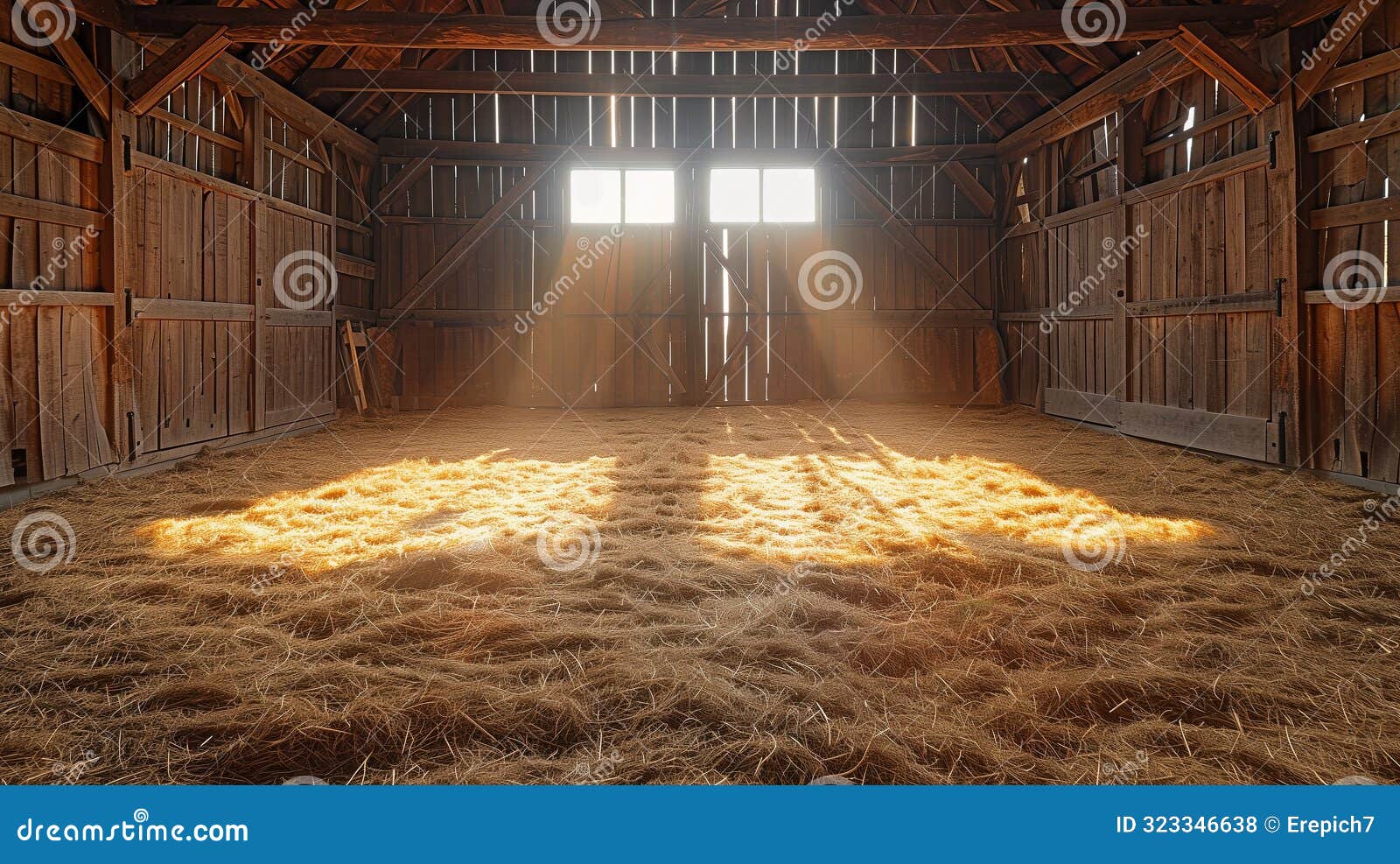 Old Empty Barn Interior with with Hay on the Floor, Sunlight Shining ...