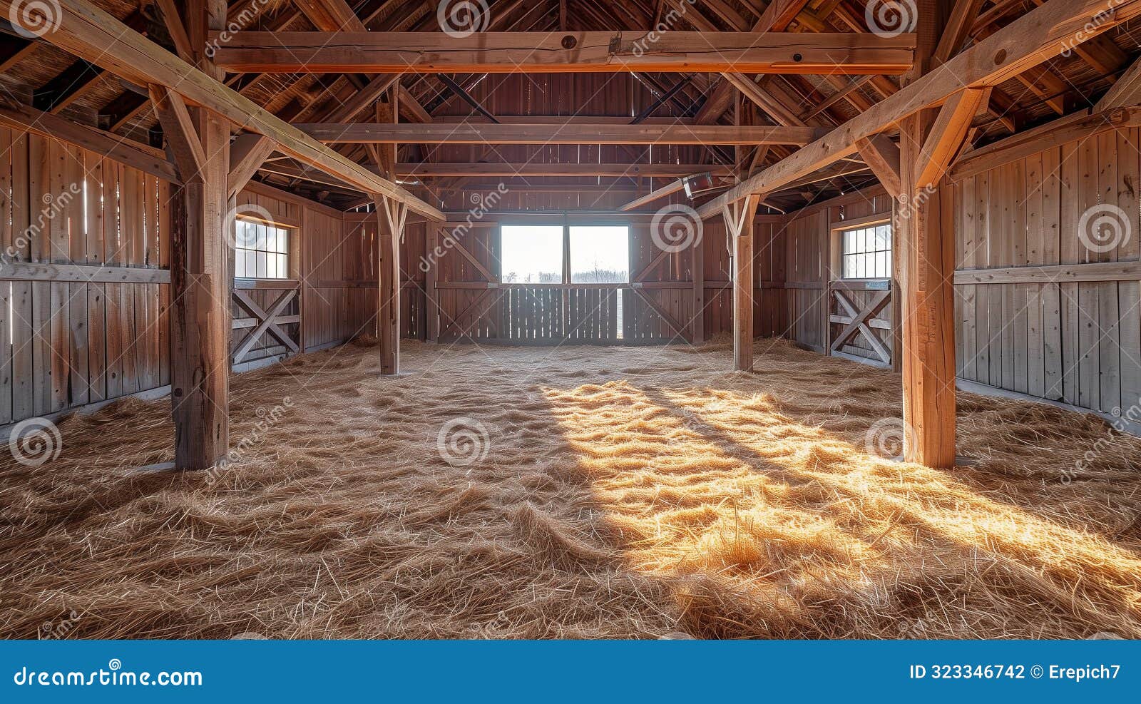 Old Empty Barn Interior with with Hay on the Floor, Sunlight Shining ...