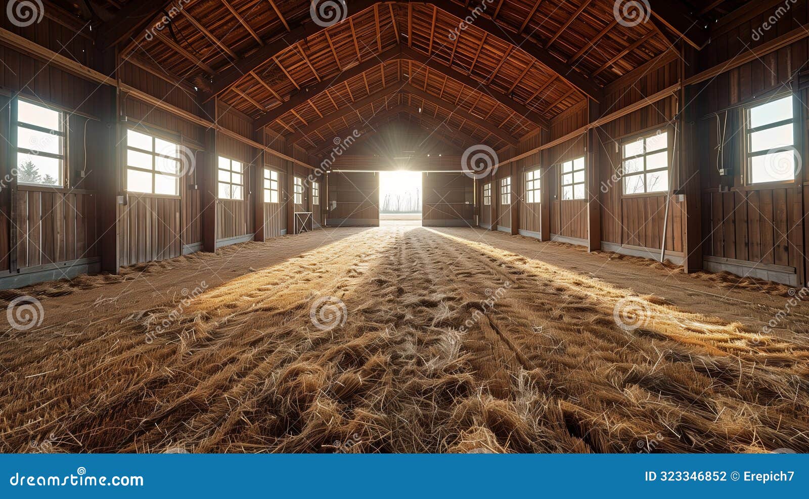 Old Empty Barn Interior with with Hay on the Floor, Sunlight Shining ...