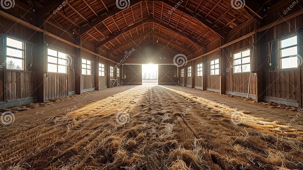 Old Empty Barn Interior with with Hay on the Floor, Sunlight Shining ...