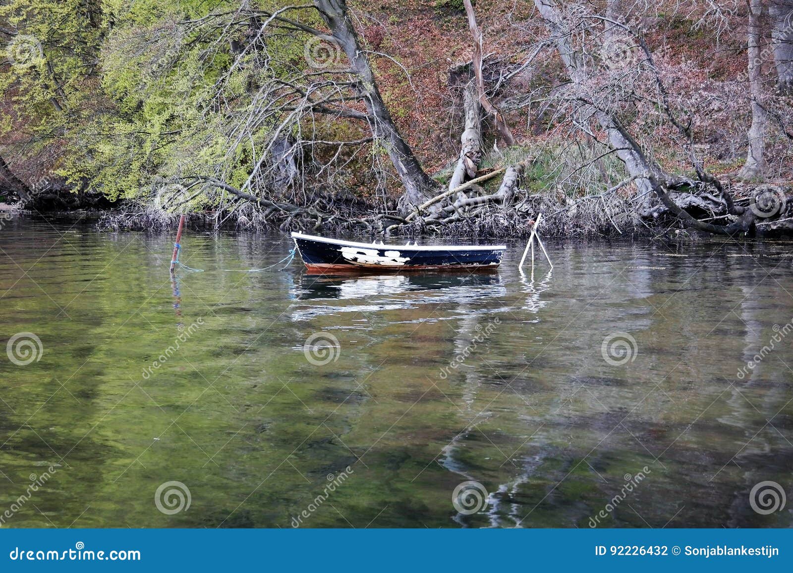 Old Empty Boat in a Colored Lake, Text Space Stock Photo - Image of ...