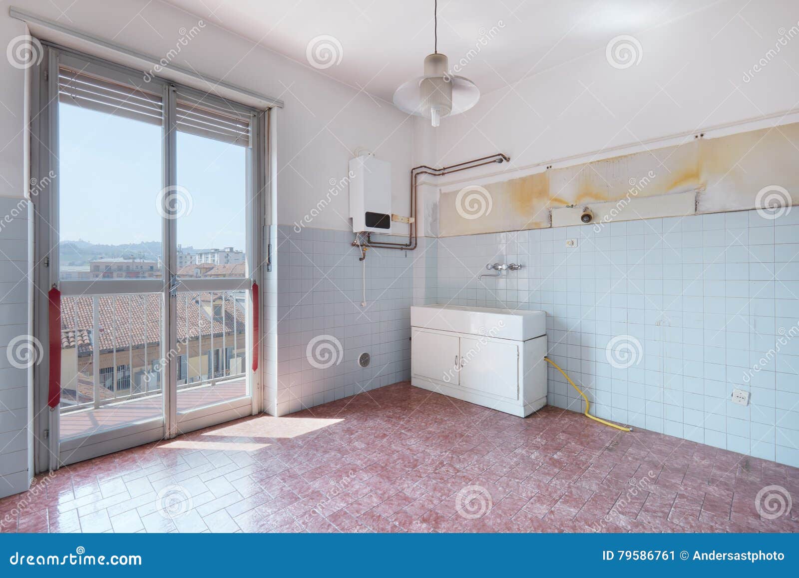 Old Empty Kitchen Room with Tiled Floor and Walls Stock Image - Image ...
