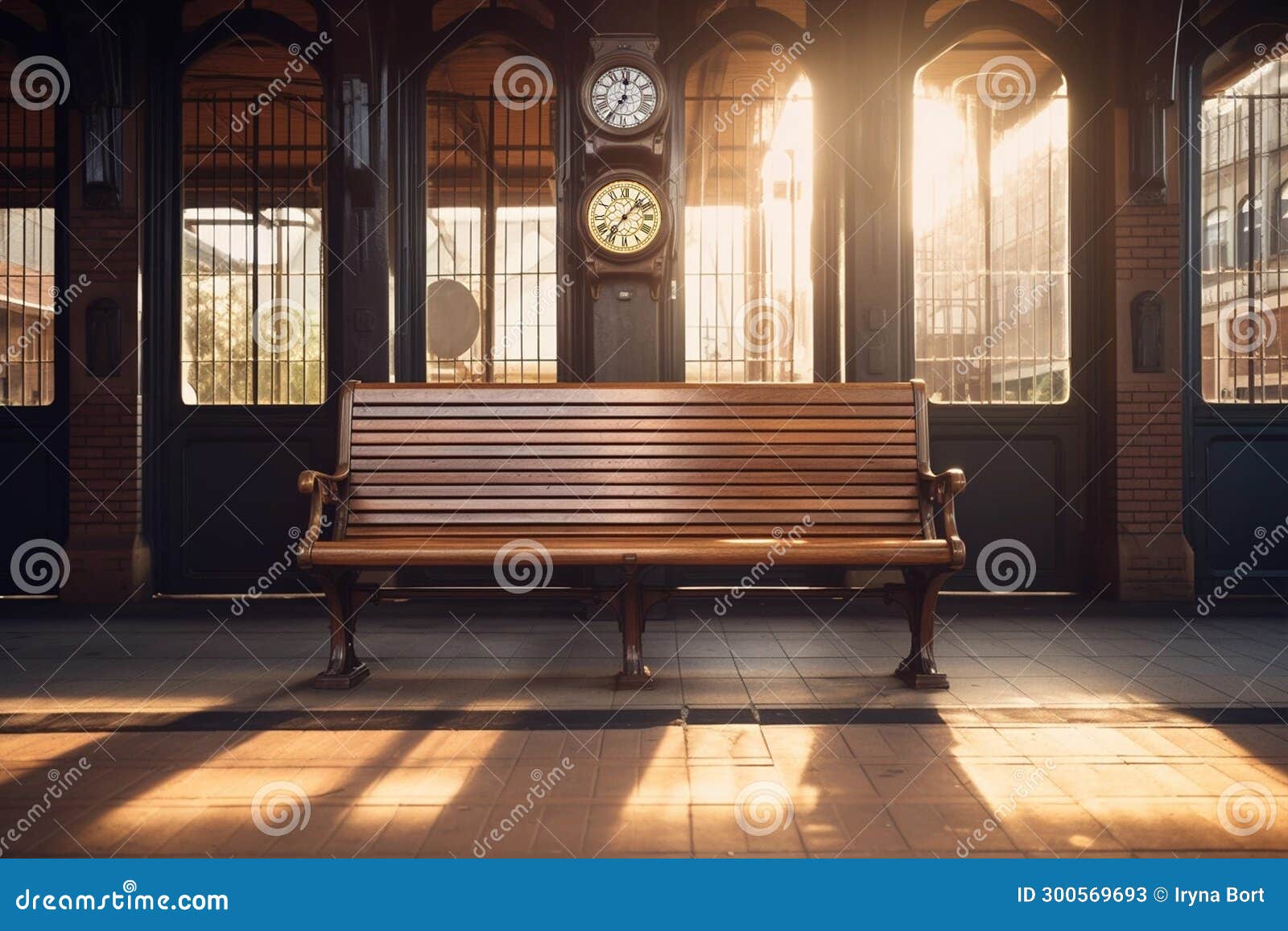 Old Empty Trainstation with Wooden Bench and Clocks Stock Image - Image ...