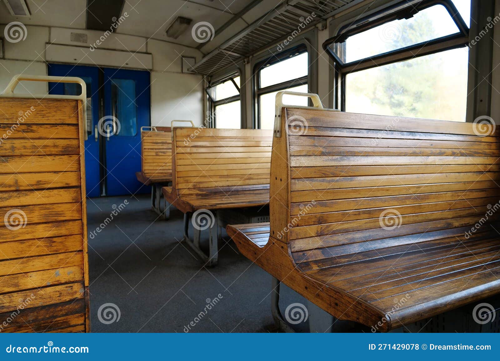 Old Empty Wagon of Train. Wooden Seats in an Empty Coach of Train Stock ...
