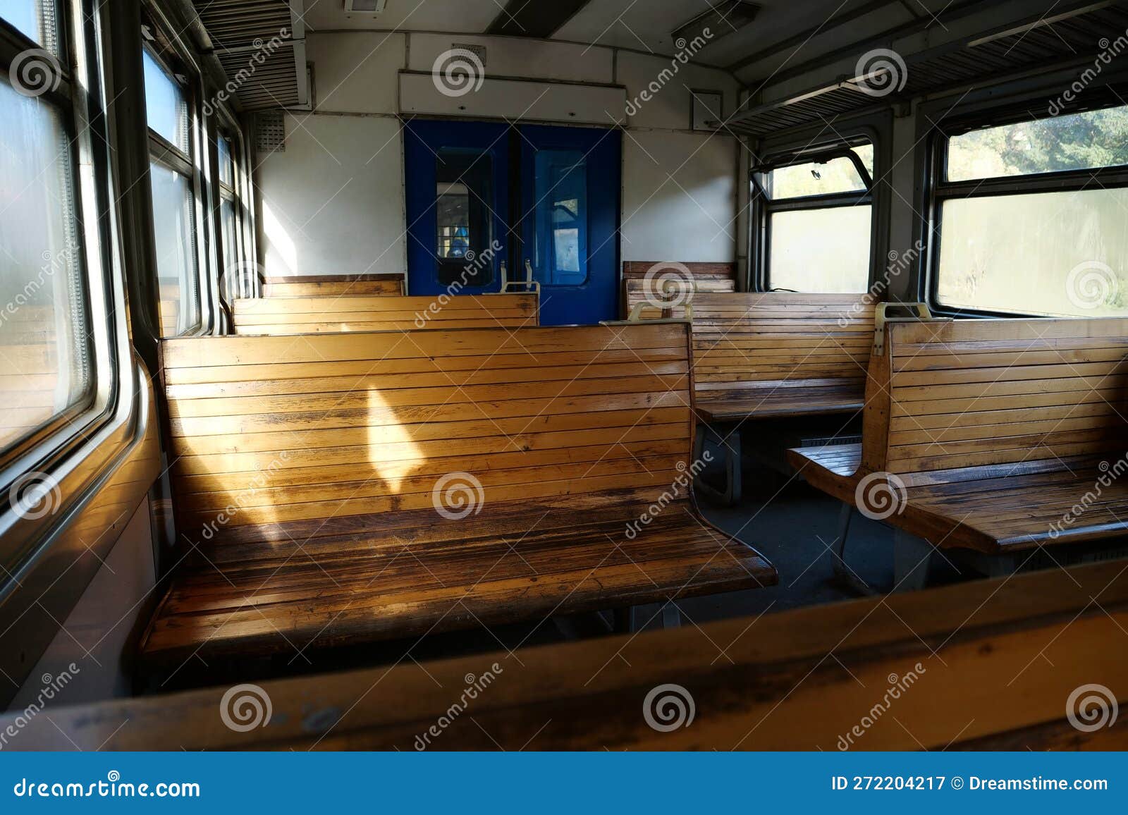 Old Empty Wagon of Train. Wooden Seats in an Empty Coach of Train Stock ...