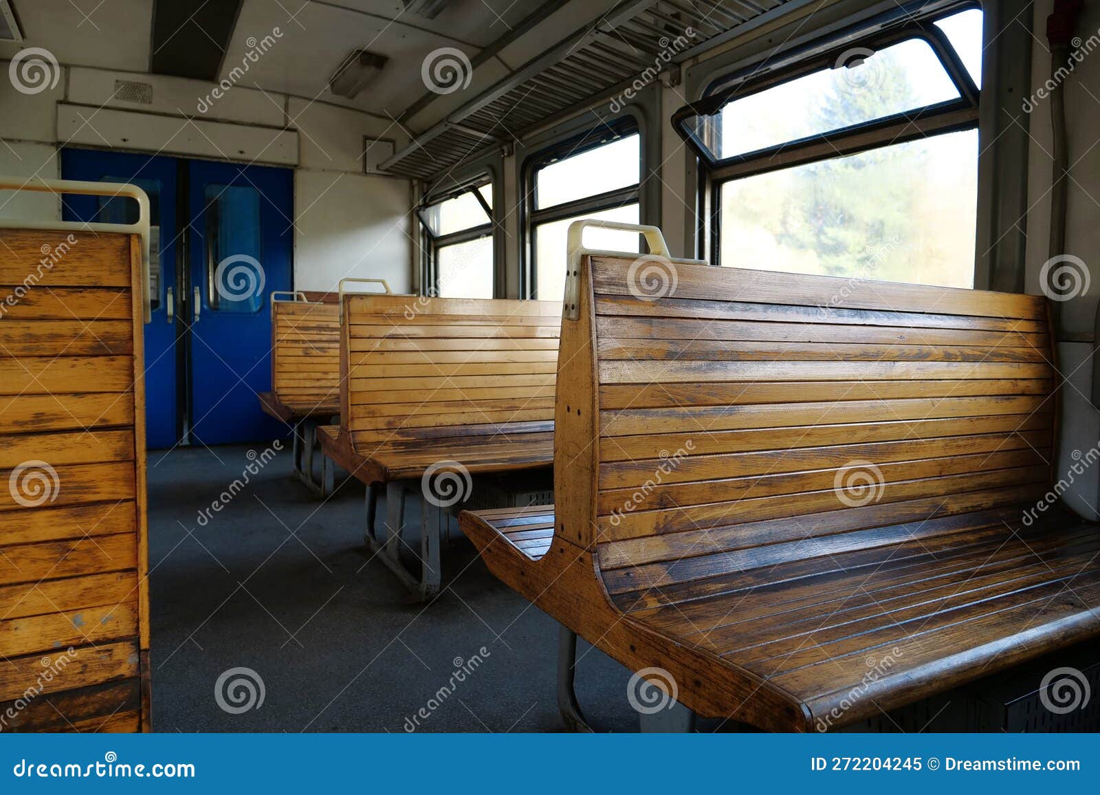 Old Empty Wagon of Train. Wooden Seats in an Empty Coach of Train Stock ...